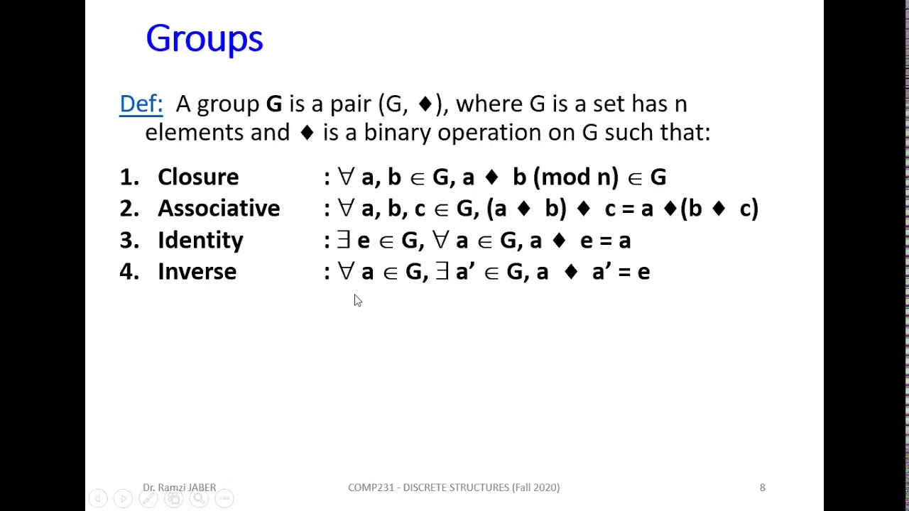 COMP231 Lecture 18 Groups, Rings, Fields Part1 - YouTube