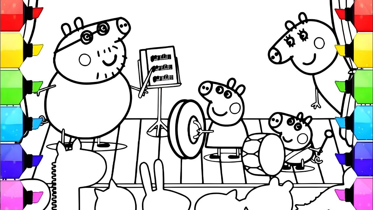 Peppa Pig Family Playing Drums with Music Drawing Easy, Peppa Pig ...