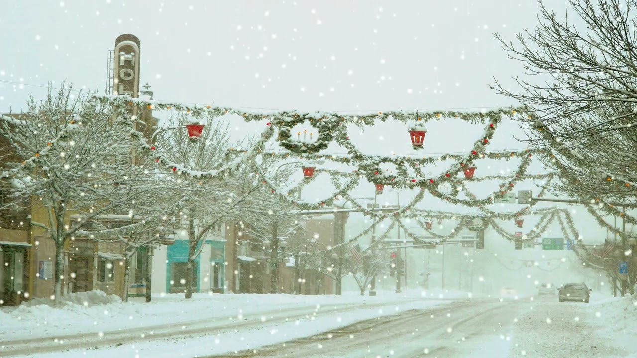 Small Town Main Street Christmas Snow Scene ambience with Christmas ...