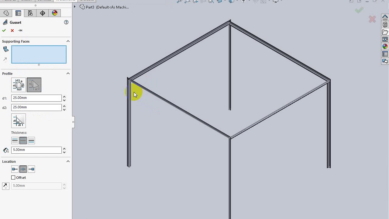 HOW TO USE GUSSET IN SOLIDWORKS WELDMENT - YouTube