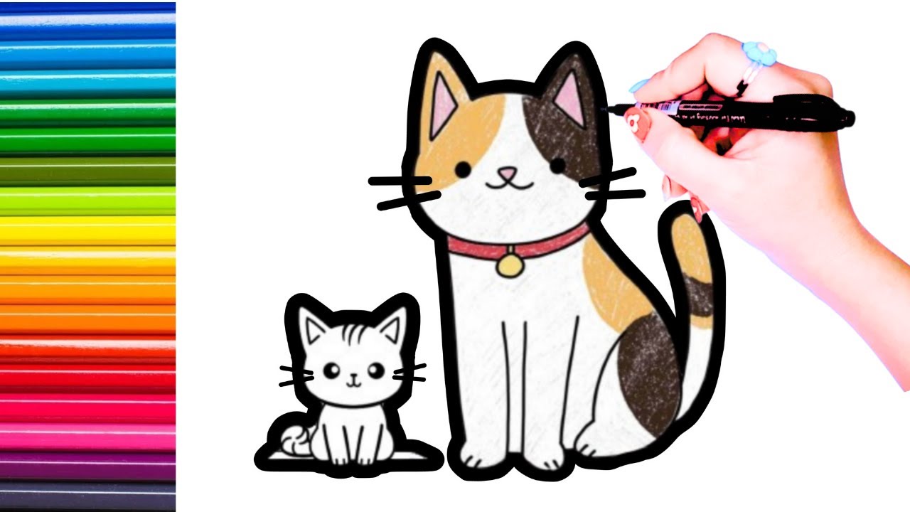 How to draw a cute and easy Kitten and momy cat| easy drawing for kids ...