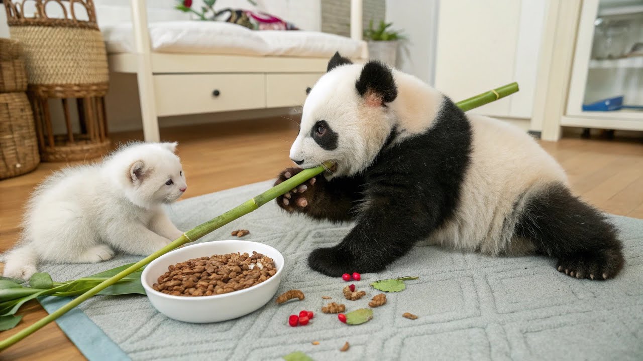 Kitten Absolutely loves Baby Panda - YouTube