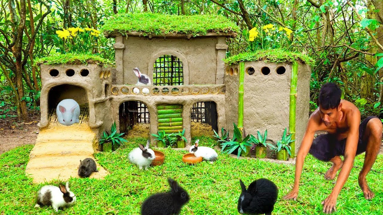 Build a UNIQUE Bamboo and Mud Rabbit House in the Forest - YouTube
