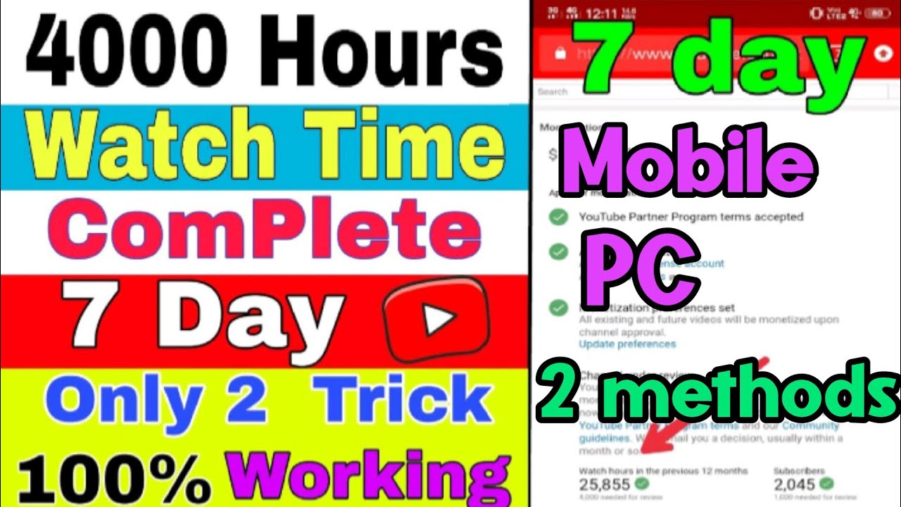 Complete 4000 watch time 🤑||2 methods||Mobile and PC both 🤯 #watchtime ...