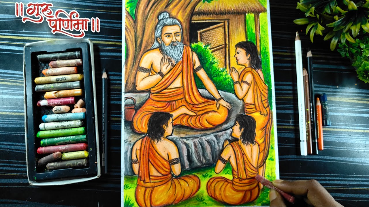Guru Purnima Drawing With Oil Pastle, How To Draw Guru Purnima Scenery ...