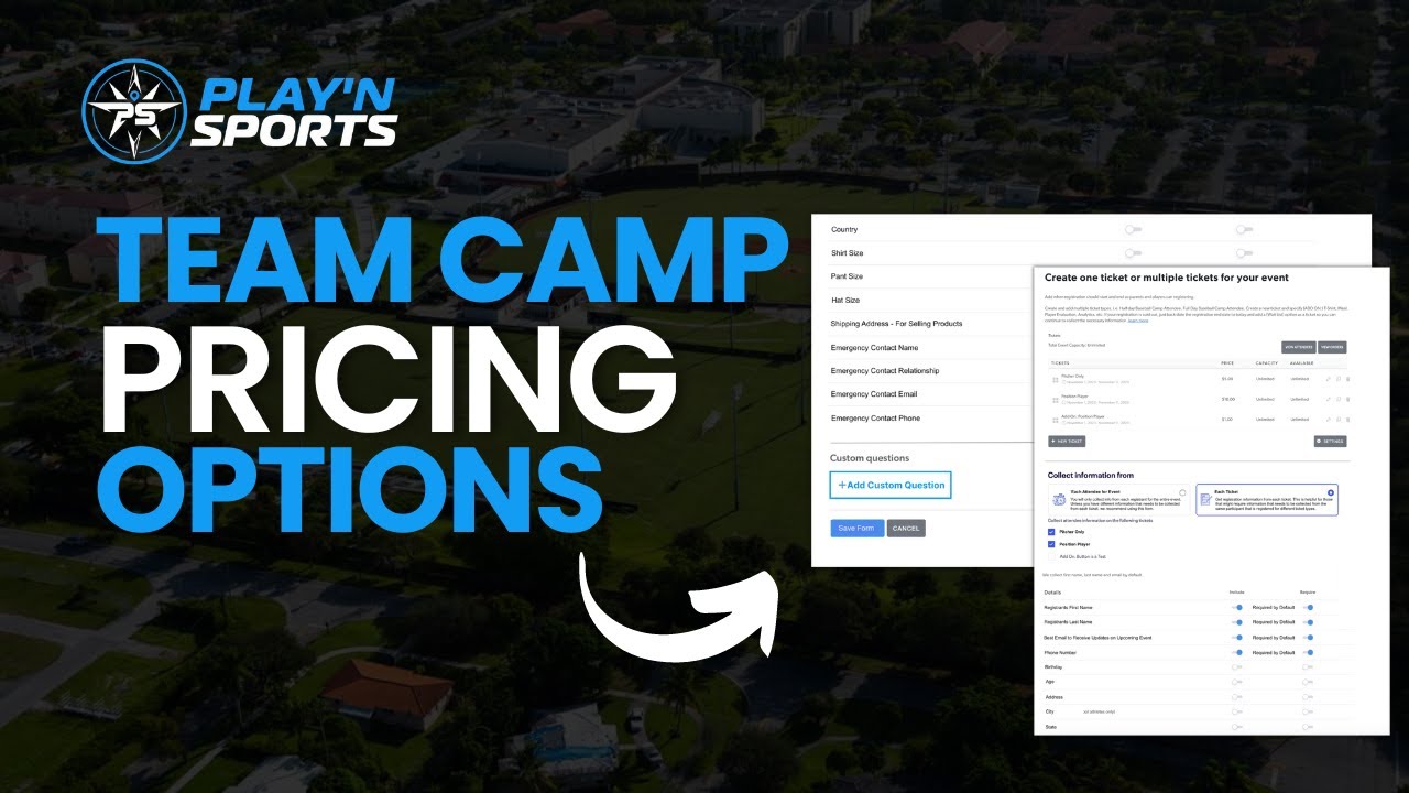 Set pricing options for a team camp that has a limit to 8 teams with 10 ...