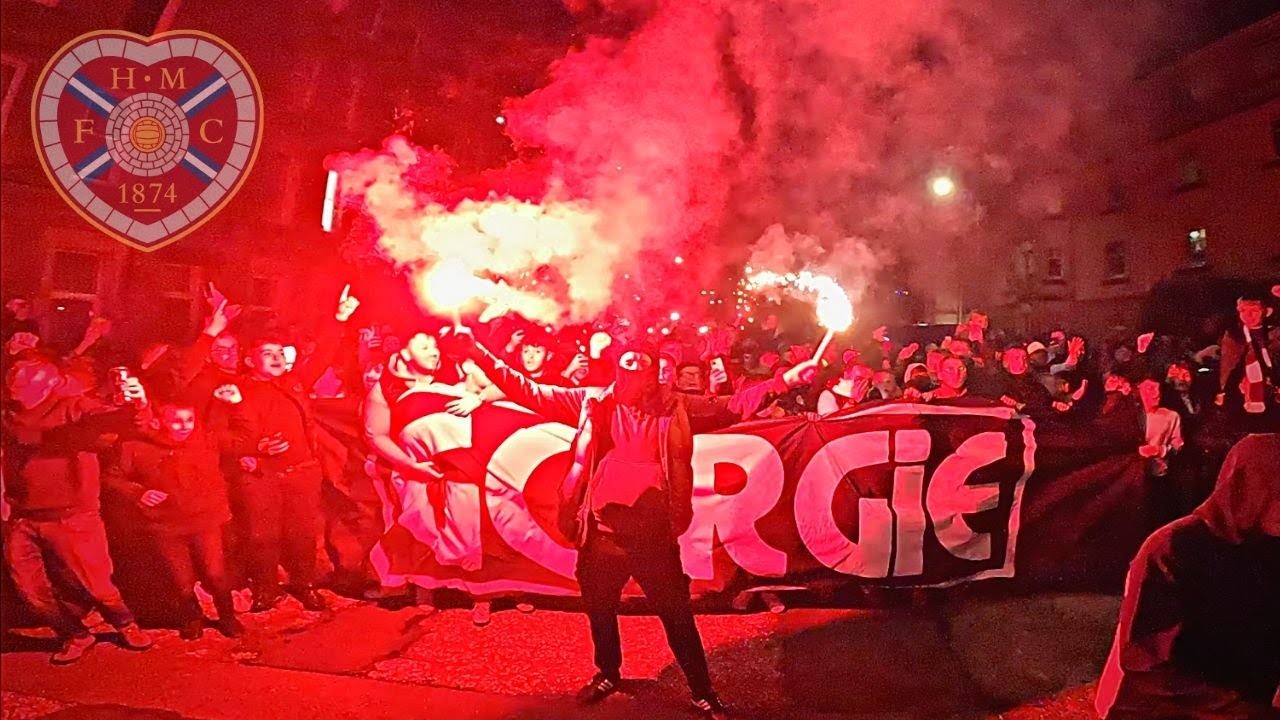 GORGIE ULTRAS MARCH TO TYNECASTLE HEARTS FC v RFS Riga Latvia European ...