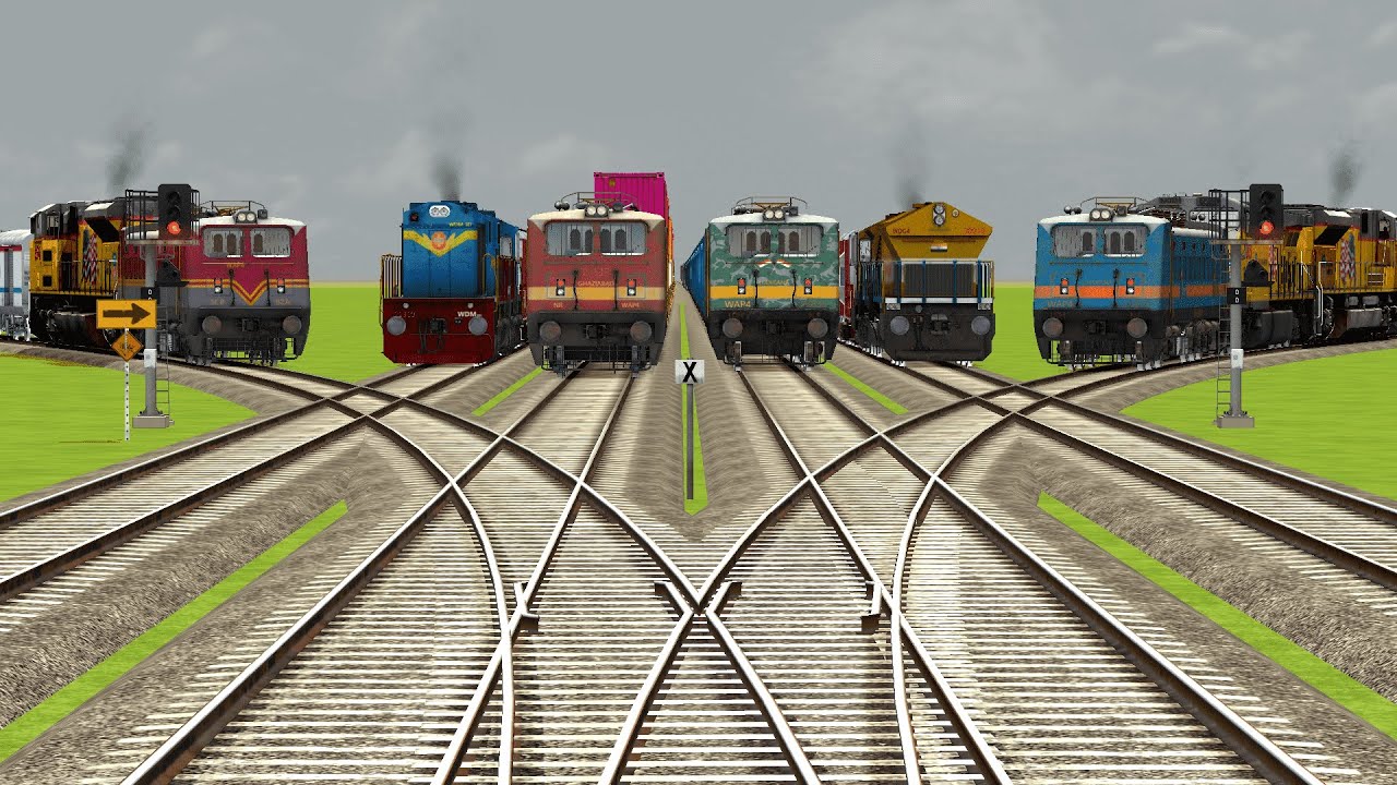 6 TRAINS RAILROAD CROSSING ON BUMPY CURVED RAILROAD TRACKS | Forked ...