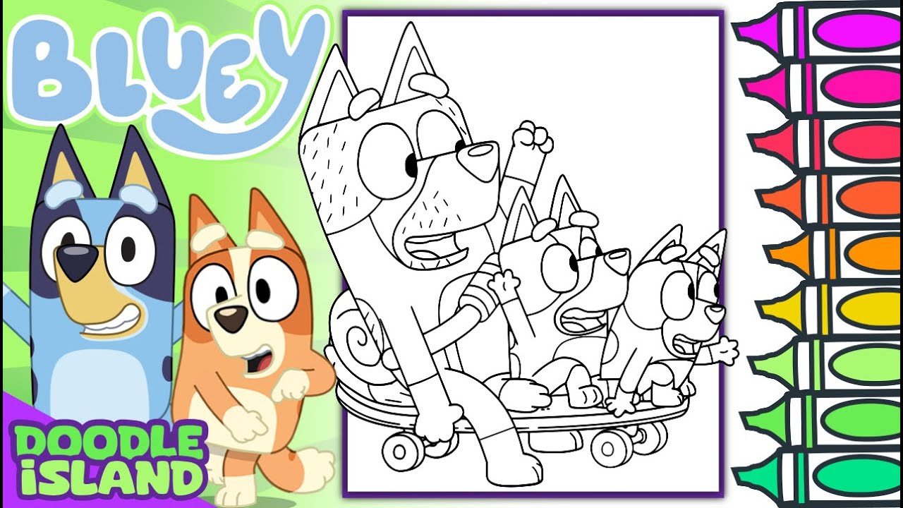 Coloring Bluey, Bingo and Bandit Riding a Skateboard! 🎨 Fun Kids ...