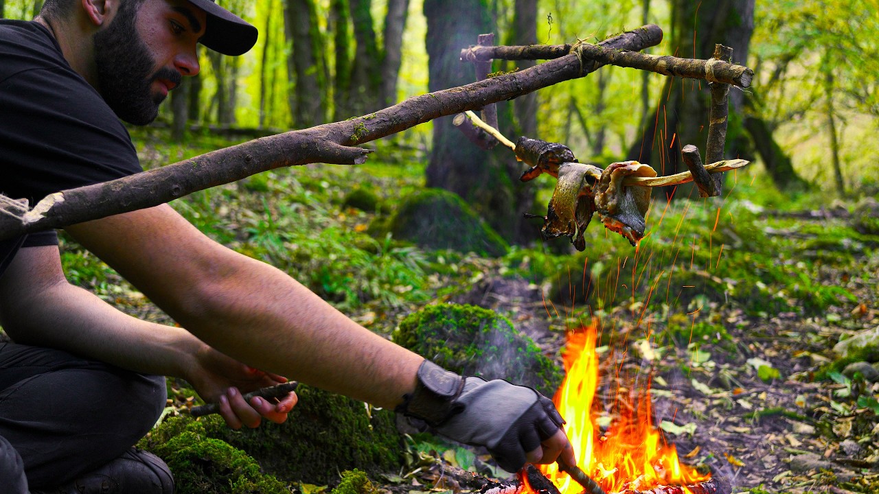 Bushcraft Wooden Skewer Stand: Cooking Fish over an Open Fire - YouTube