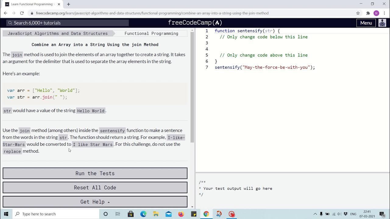 Tutorial 20 - Combine an array into string using join method - freecodecamp - YouTube