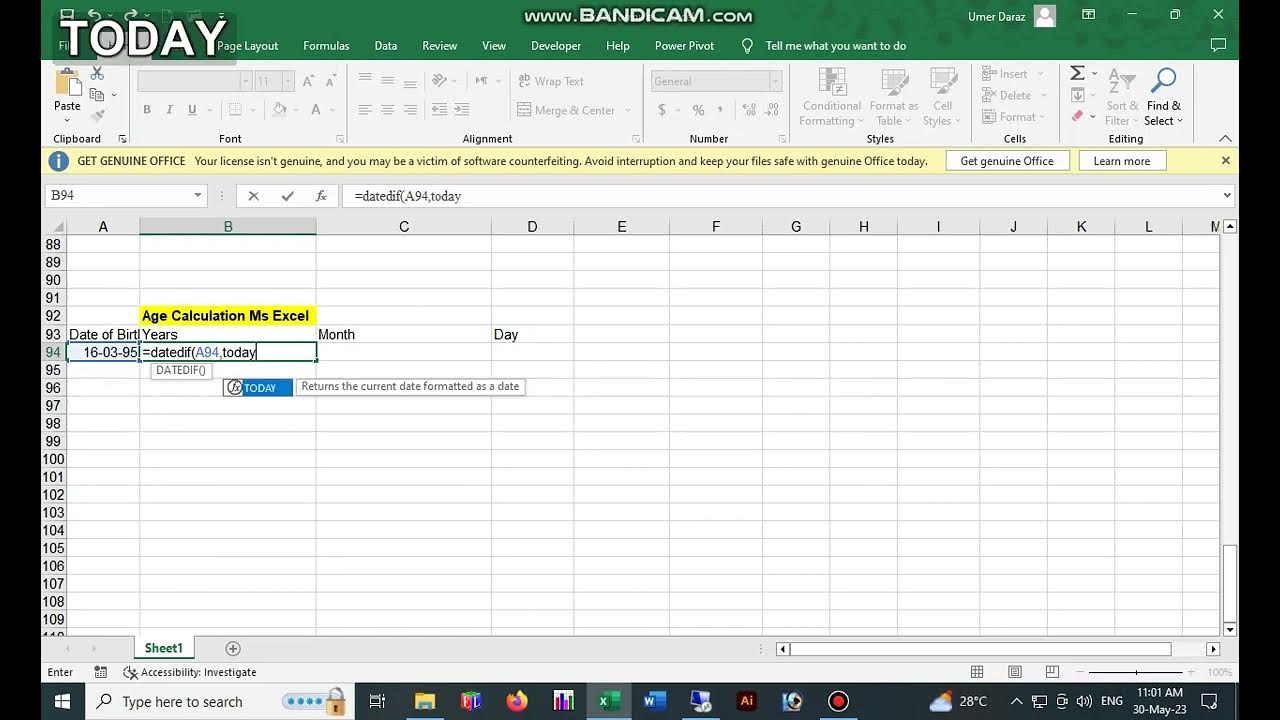Ms excel age calculation (years,months,days) ms office - YouTube