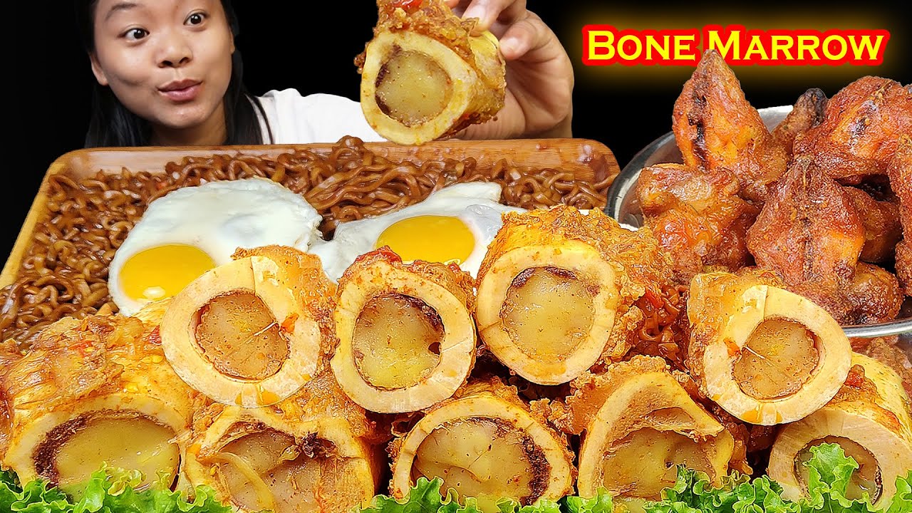 Eating Buffalo Bone Marrow, Chicken Diamond & Spicy Black Bean noodles, Nepali Mukbang - YouTube