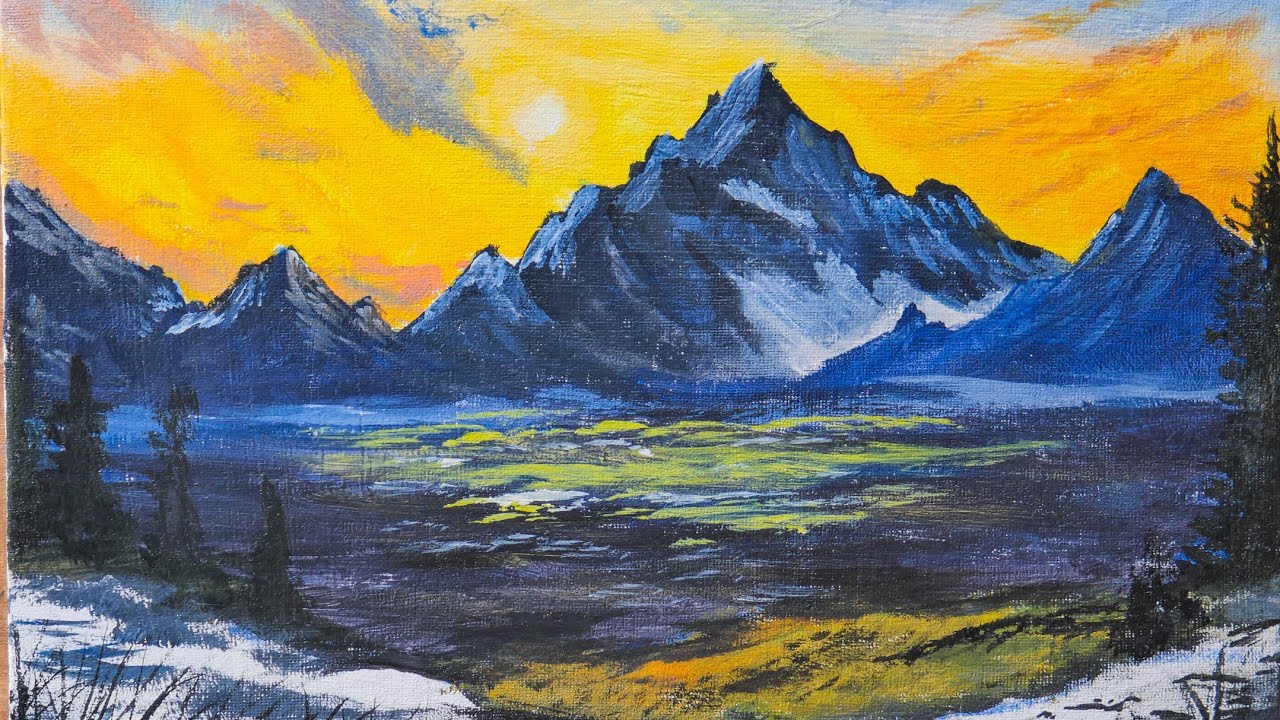 How to paint sunrise big mountain / acrylic painting for beginners ...