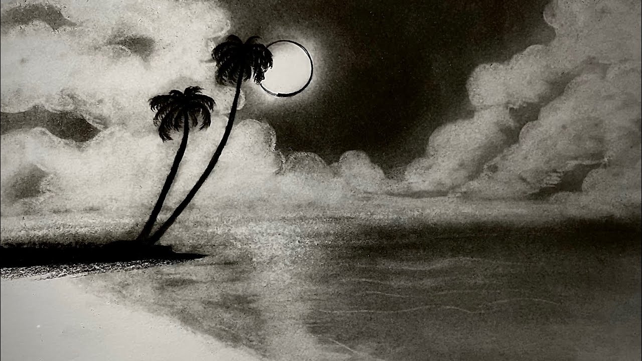 Easy moon night scenery drawing || beautiful moonlight sea beach ...