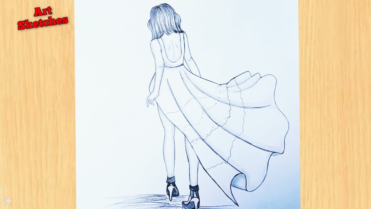 Girl drawing back side | Girl Drawing with beautiful dress - YouTube