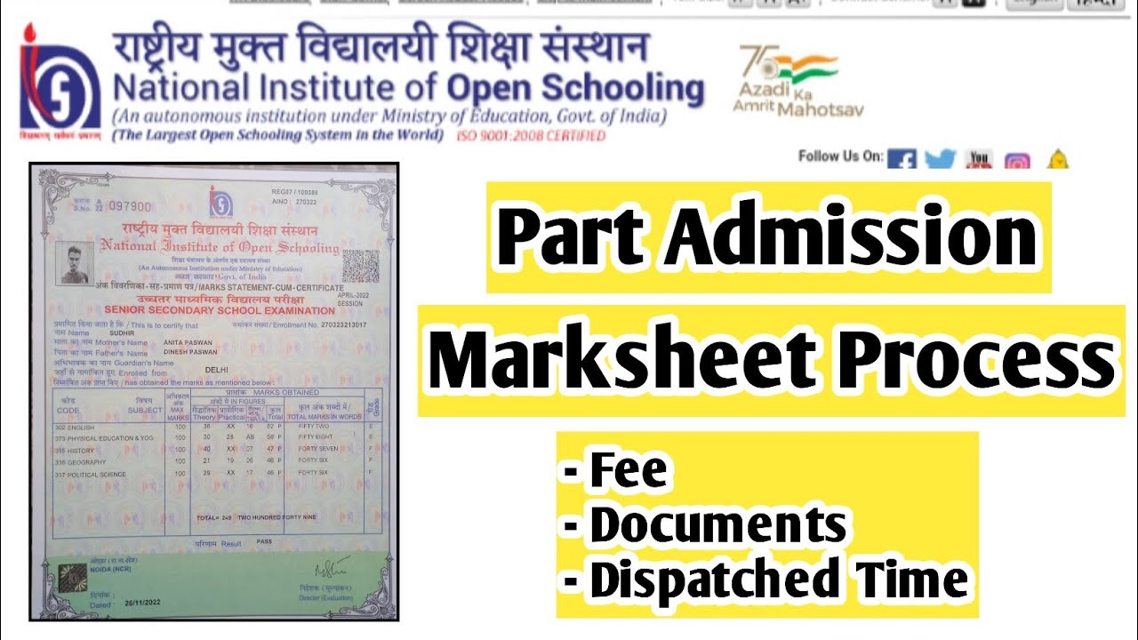 Nios Part Admission Original Marksheet Process Fee Dispatch Time | Task ...