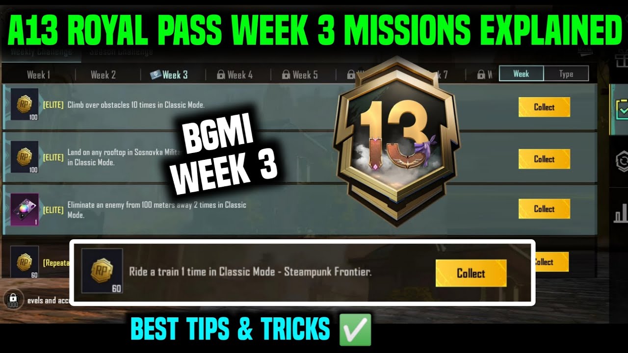 BGMI WEEK 3 MISSIONS | A13 WEEK 3 MISSION | WEEK 3 MISSION BGMI | A13 RP MISSION WEEK 3 ...