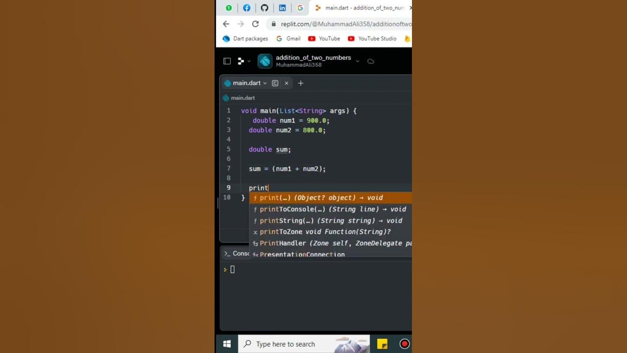 Addition Of Two Numbers In Dart Using Replit Programming Flutterdev Tutorial Cpp Program