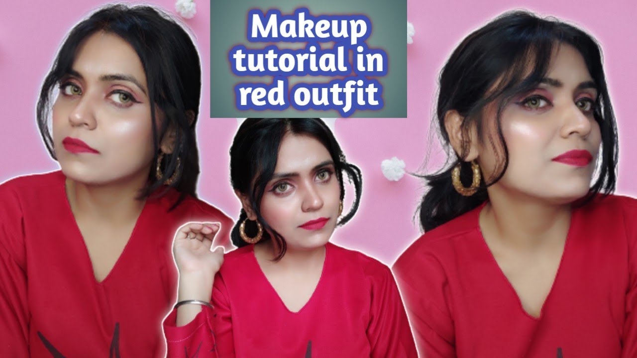 Light eyemakeup with bold red lips makeup || Red outfit makeup ...