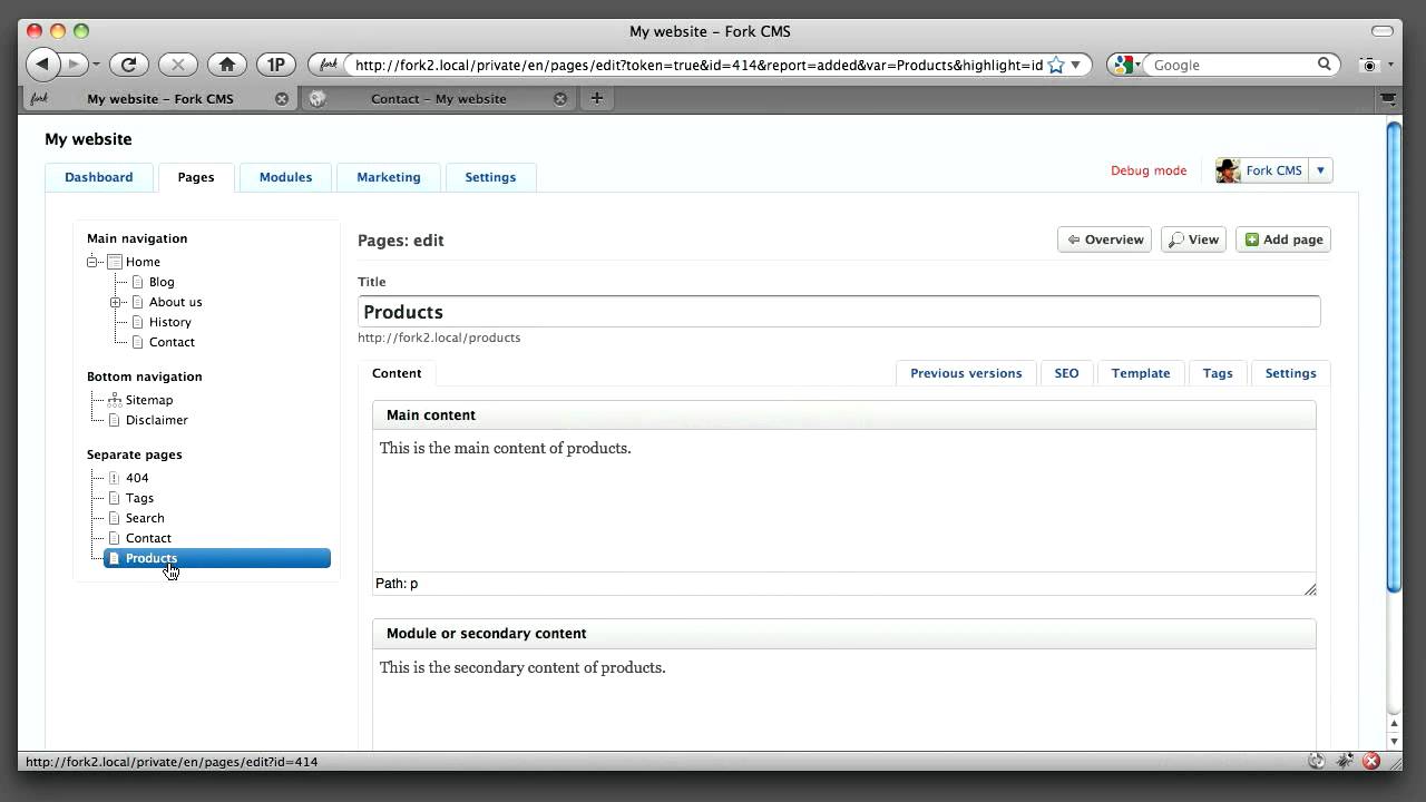 Fork CMS - Creating a new page - YouTube
