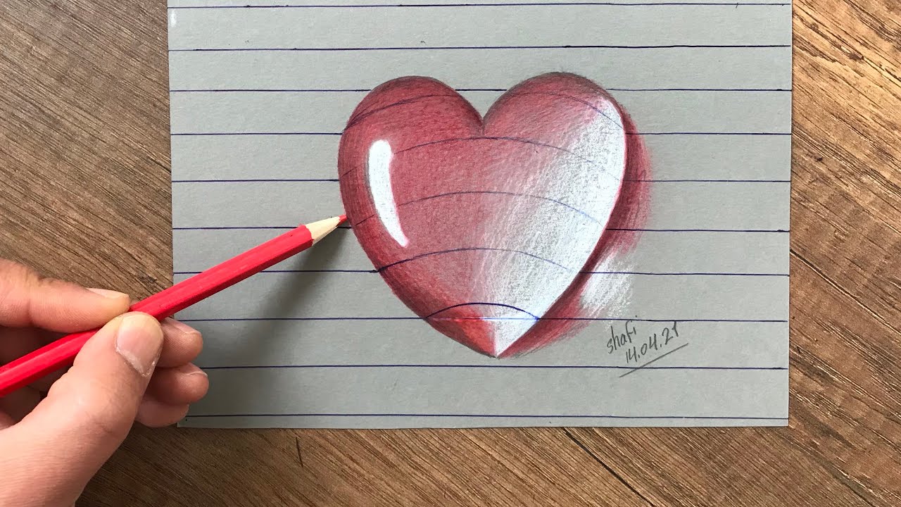 üç boyutlu kalp çizimi & easy 3d heart drawing & karakalem çizimleri ...