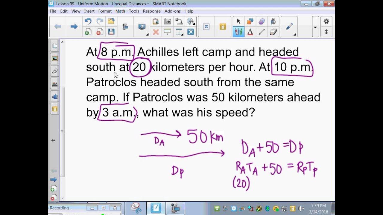 Saxon Algebra 1 - Lesson 99 - Uniform Motion - Unequal Distances - YouTube