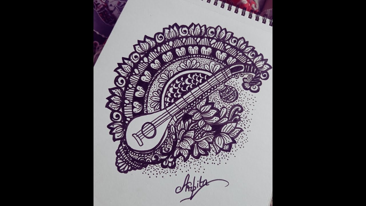 Easy Veena drawing || Veena Mandala Art || Easy Mandala Drawing ...