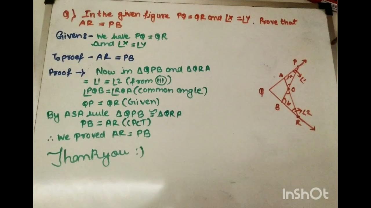 In the given figure PQ=QR and Angle X= Angle Y. Prove that AR=PB. | CLASS 9 CBSE TRIANGLES ...