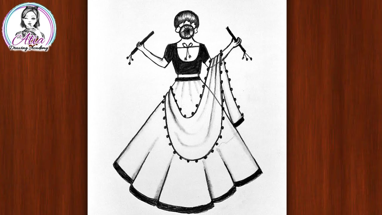 How to Draw a Girl with Dandiya Dance | How to Draw a Traditional Girl ...