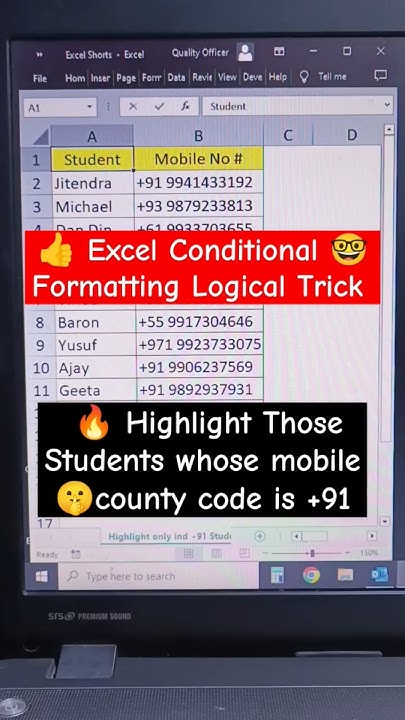 🔥 Excel Conditional Formatting Logical Trick | Highlight those students whose county code is +91 ...