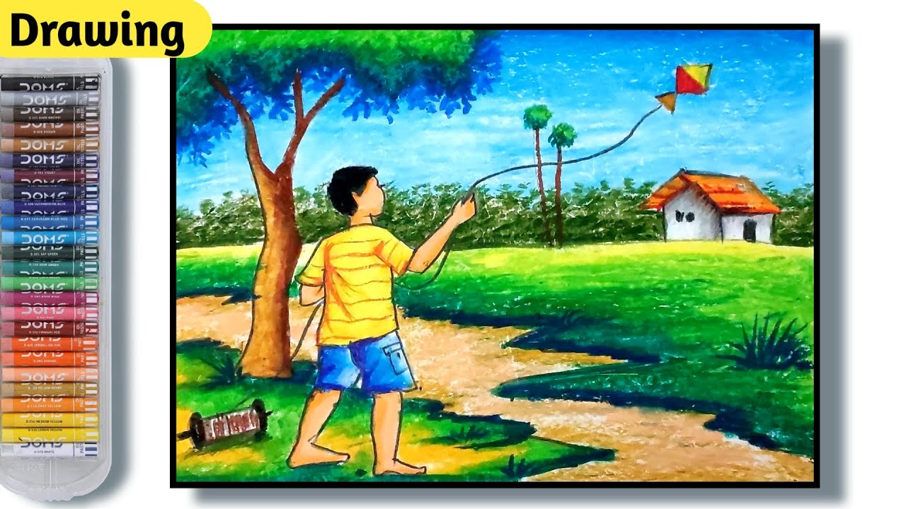 Kite Flying Scenery Drawing Step by Step/ A Boy Flying Kite Drawing ...
