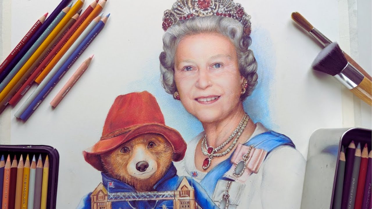 Queen Elizabeth II and Paddington Bear - drawing process - colored ...