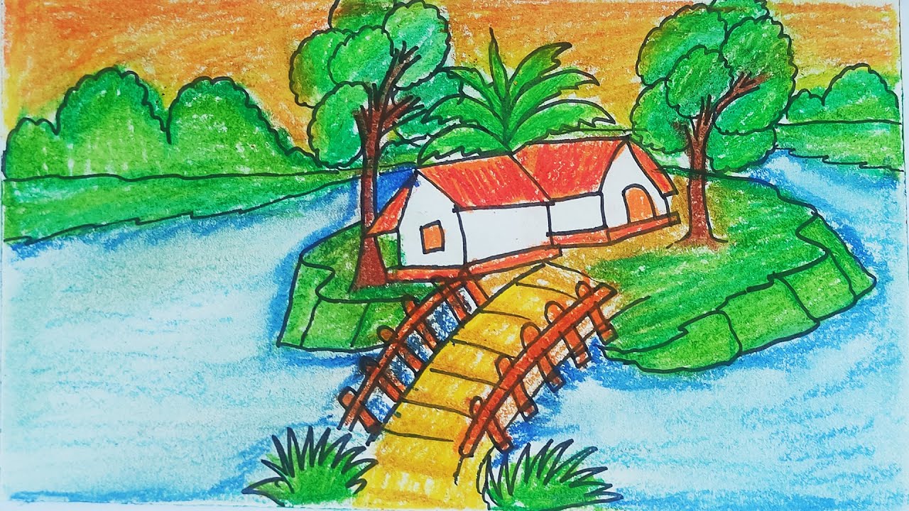 How to draw easy scenery drawing of nature beautiful village house ...