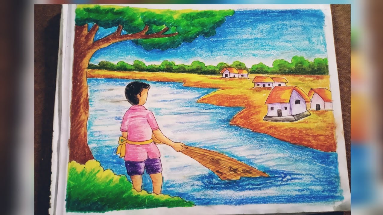 village fishing scenary drawing/how to draw river side village scenery ...