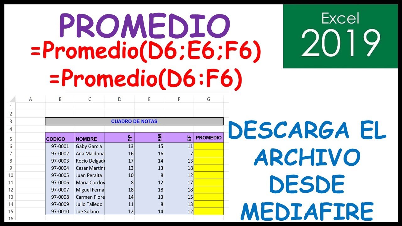 Como sacar promedio a un grupo de celdas con la función PROMEDIO en ...