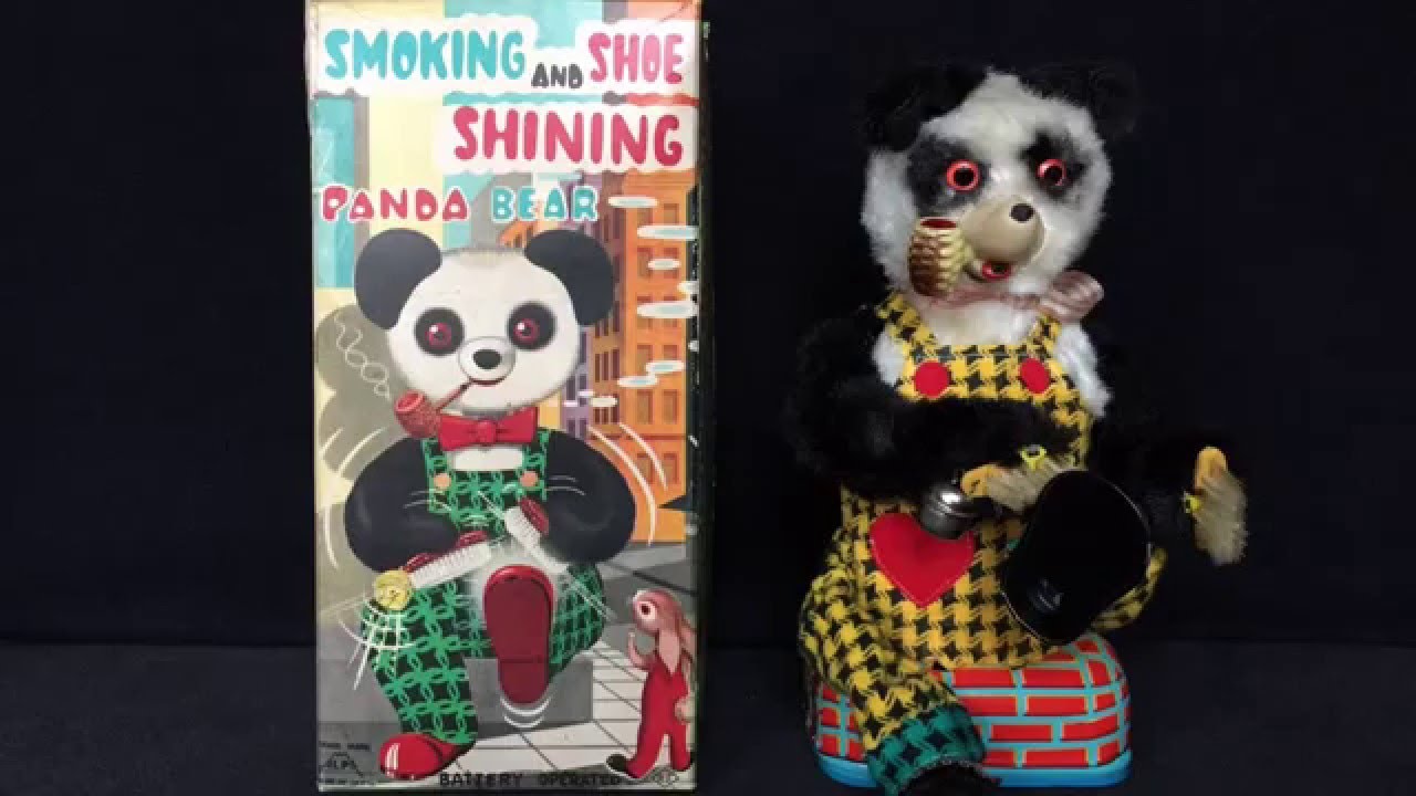 Smoking and Shoe Shining Panda Bear, Japan Battery Operated Smoking Tin ...