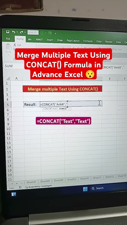 Merge Multiple Text Using CONCAT() in Ms Excel 😯#excel #exceltips #shorts #vlookup #xlookup ...
