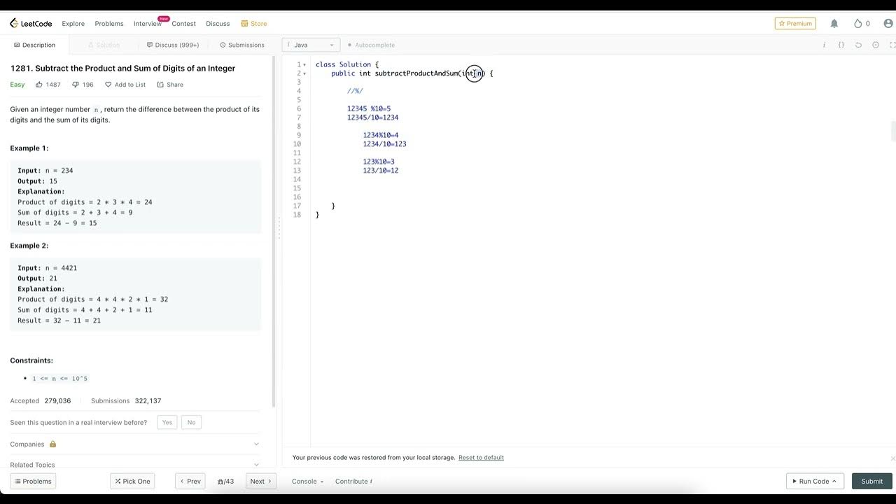 1281. Subtract the Product and Sum of Digits of an Integer | Leet code solution java hindi - YouTube
