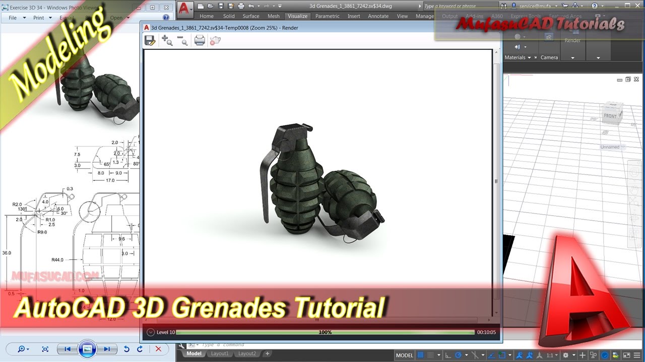 Autocad 3D Modeling Tutorial Grenades Exercise 34 - YouTube