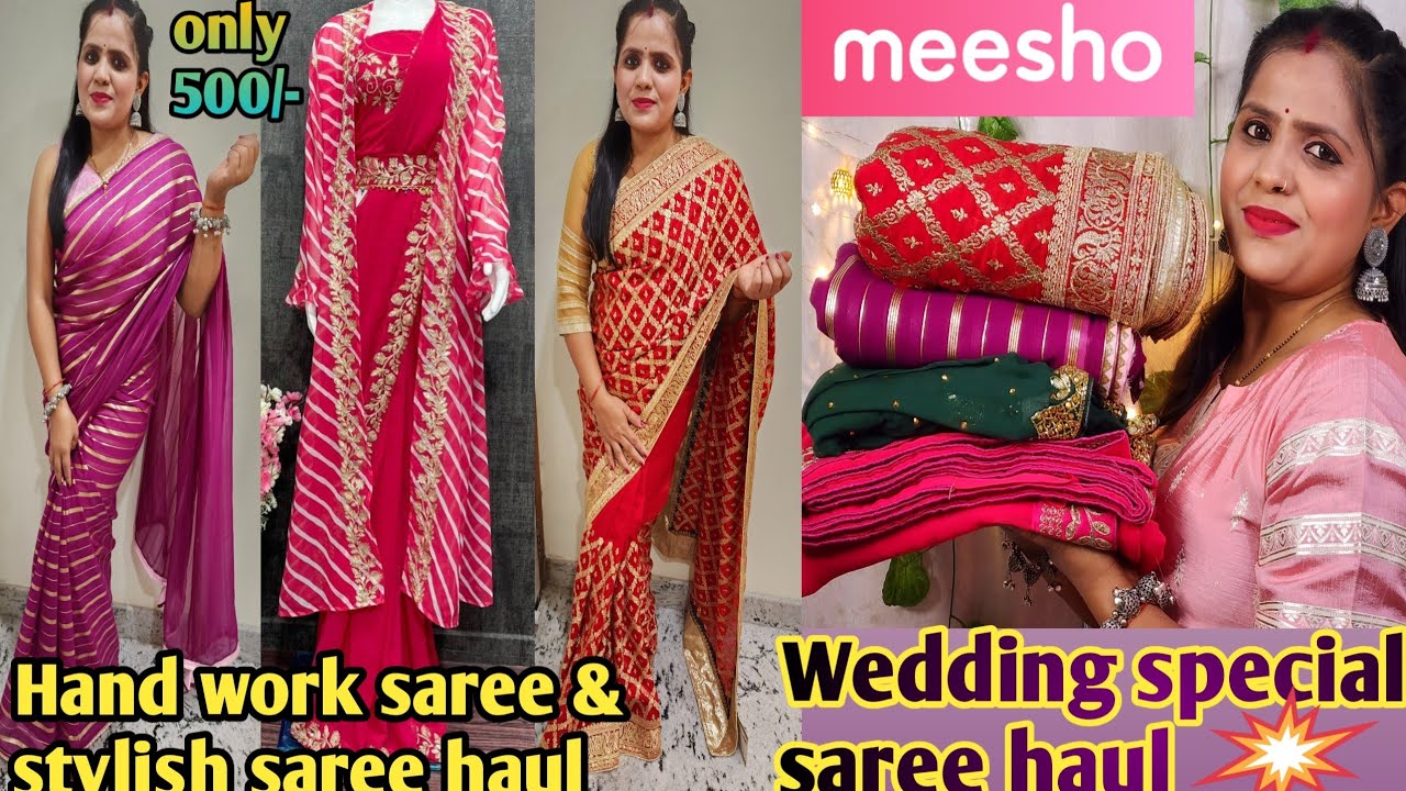 🤩Meesho wedding special saree haul/meesho designer saree haul/hand work ...