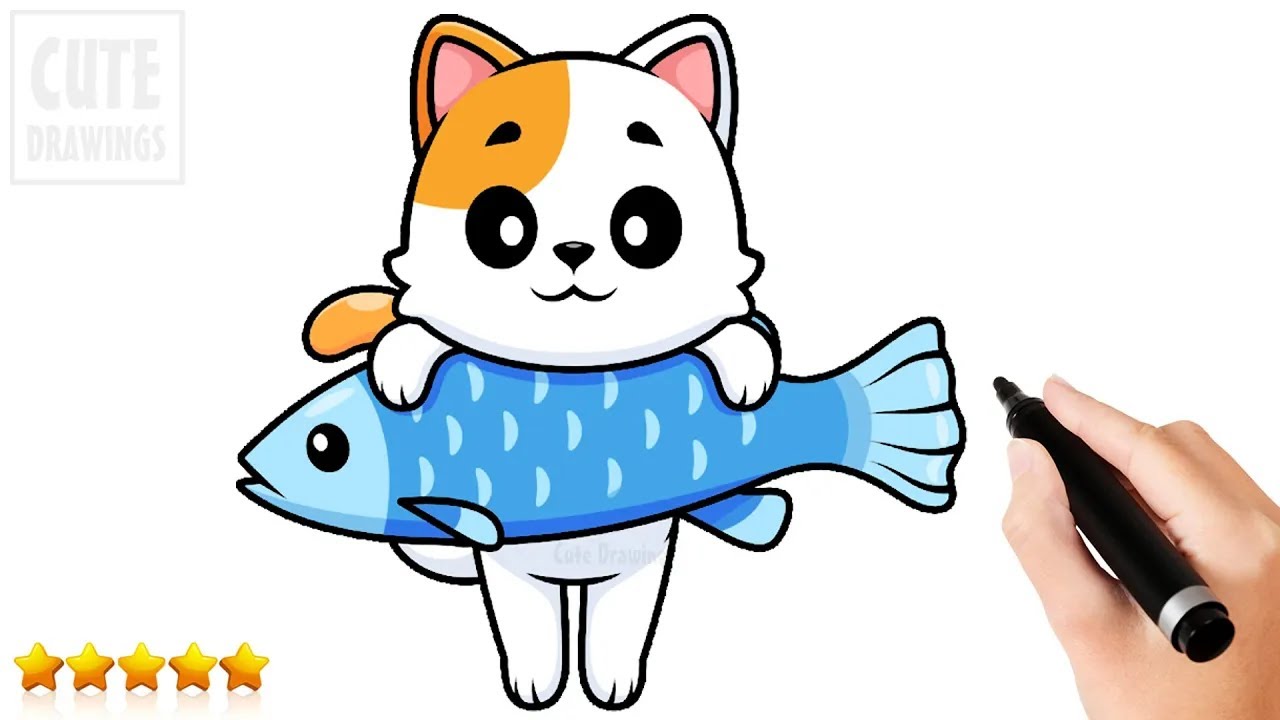 How to Draw a Cute Cat Hanging on a Fish 🐱🐟 Easy & Funny Step-by-Step ...