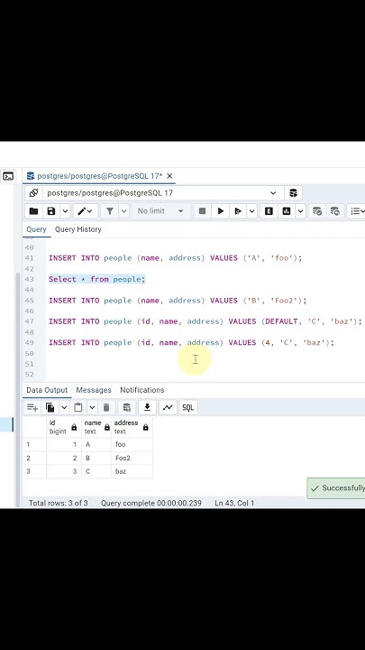 GENERATED BY DEFAULT AS IDENTITY Example In PostgreSQL Table || Best PostgreSQL Tutorial Shorts ...