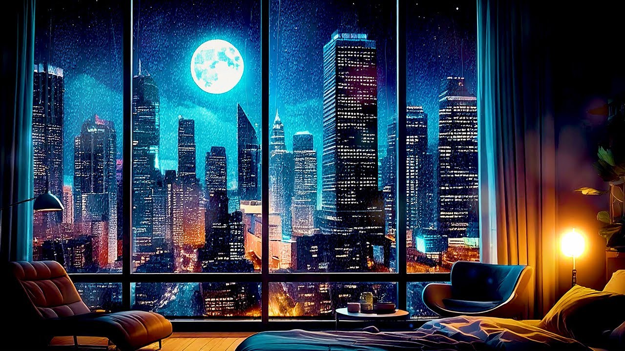Night City Music Ambience 🏙 Cityscape Rain Music, Relax Guitar Studying ...