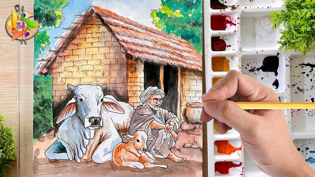 Old man village scenery || a beautiful village scenery drawing - YouTube