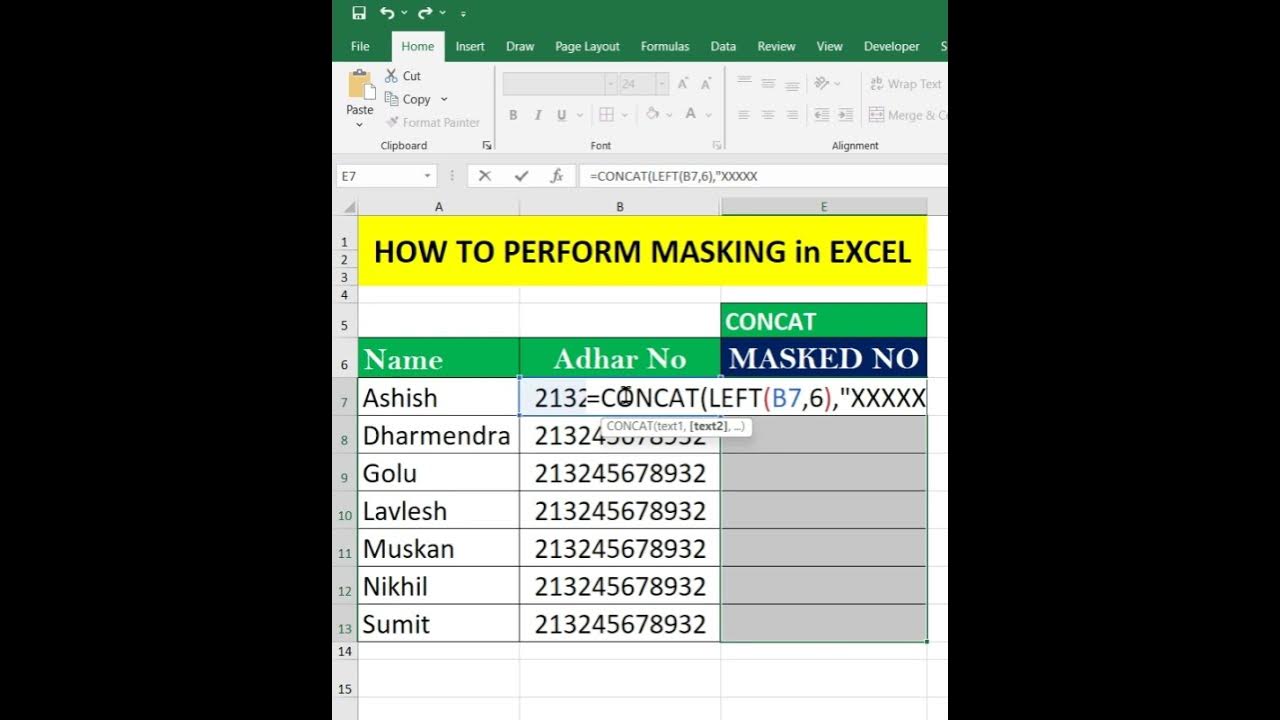 Ms Excel Masking Using Concat Function Exceltricks Excelgyan Exceltech Youtube