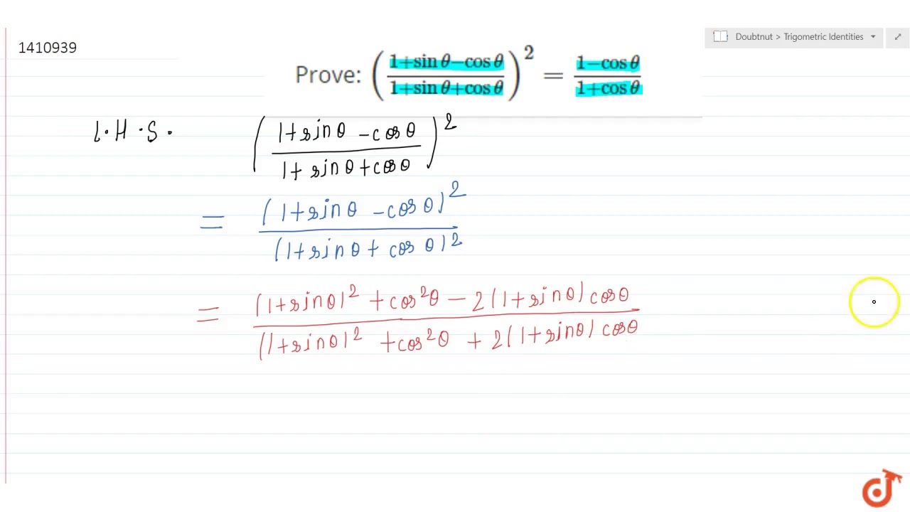 Prove: `((1+sintheta-costheta)/(1+sintheta+costheta))^2=(1-costheta)/(1 ...