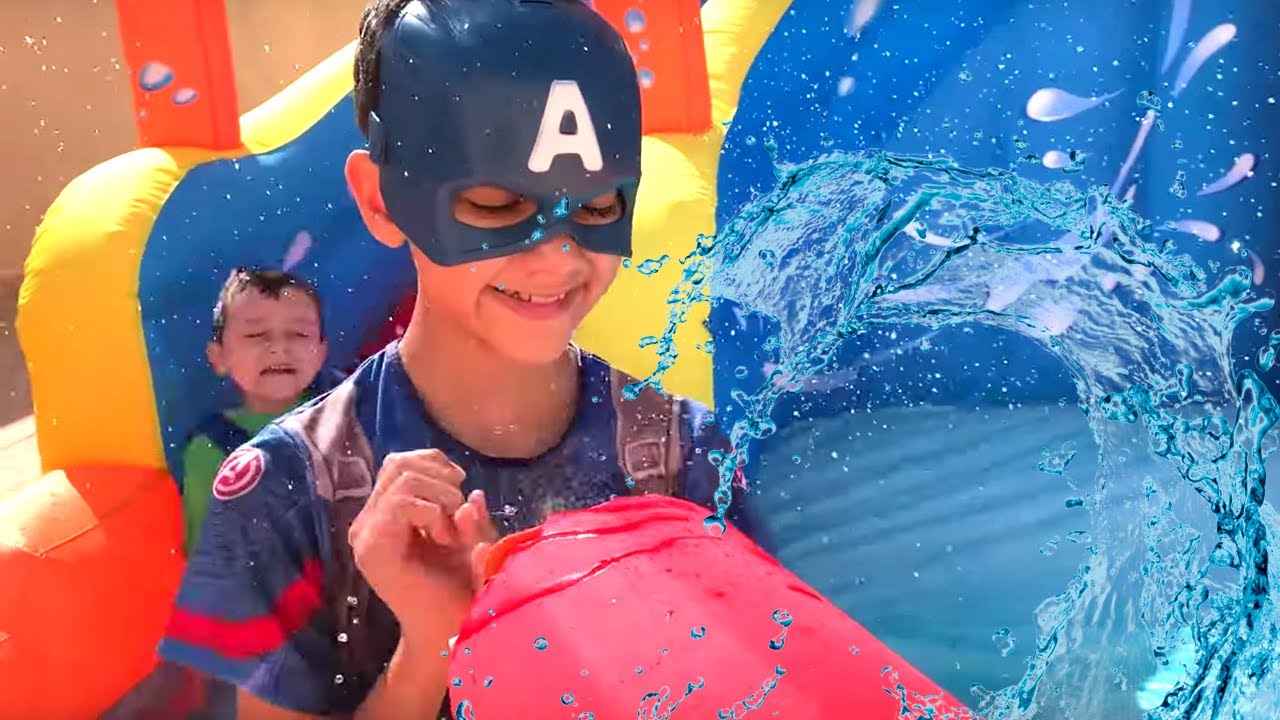 Pretend Play Marvel Captain America on Inflatable Water Slide Rescue ...
