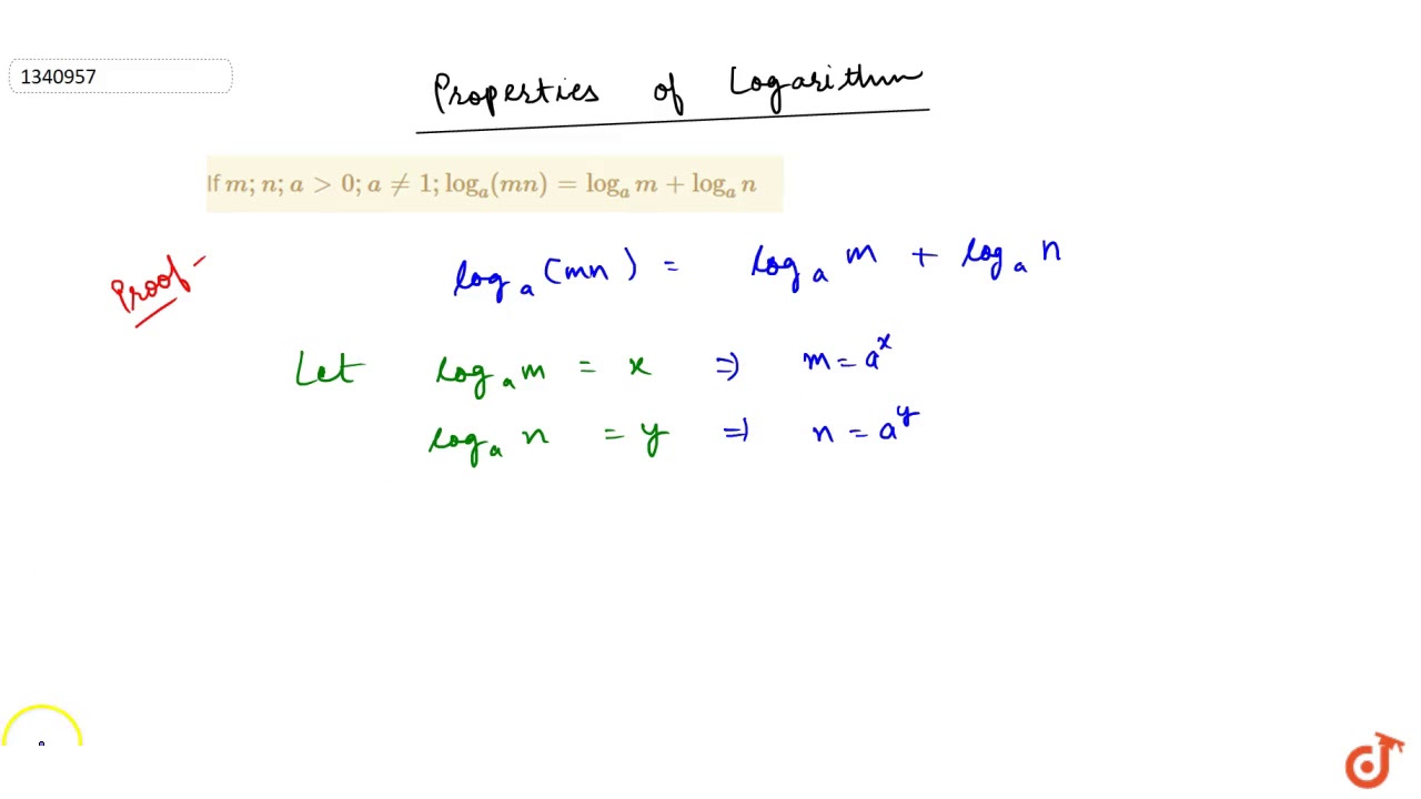If `m,n,a gt0;a!=1; log_a (mn)=log_a m+log_a n ` - YouTube