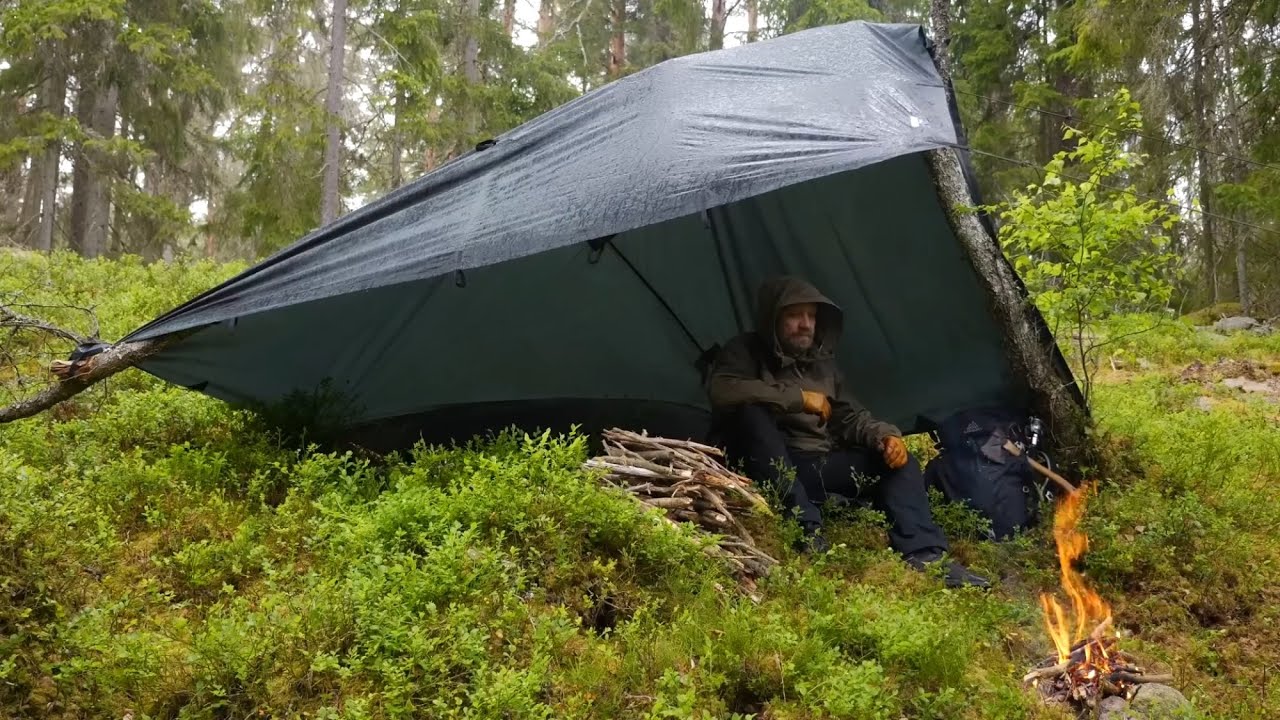 Solo Camping in the Forest – Tarp Shelter & Relaxing Campfire - YouTube
